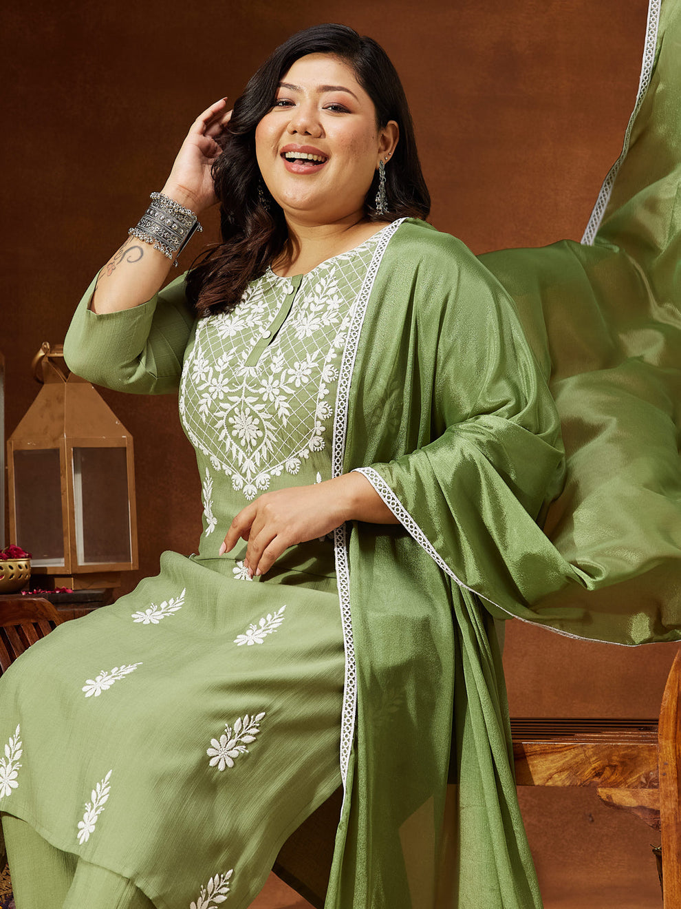 Janasya Women's Plus Size Sage Green Silk Blend Embroidered Straight K ...
