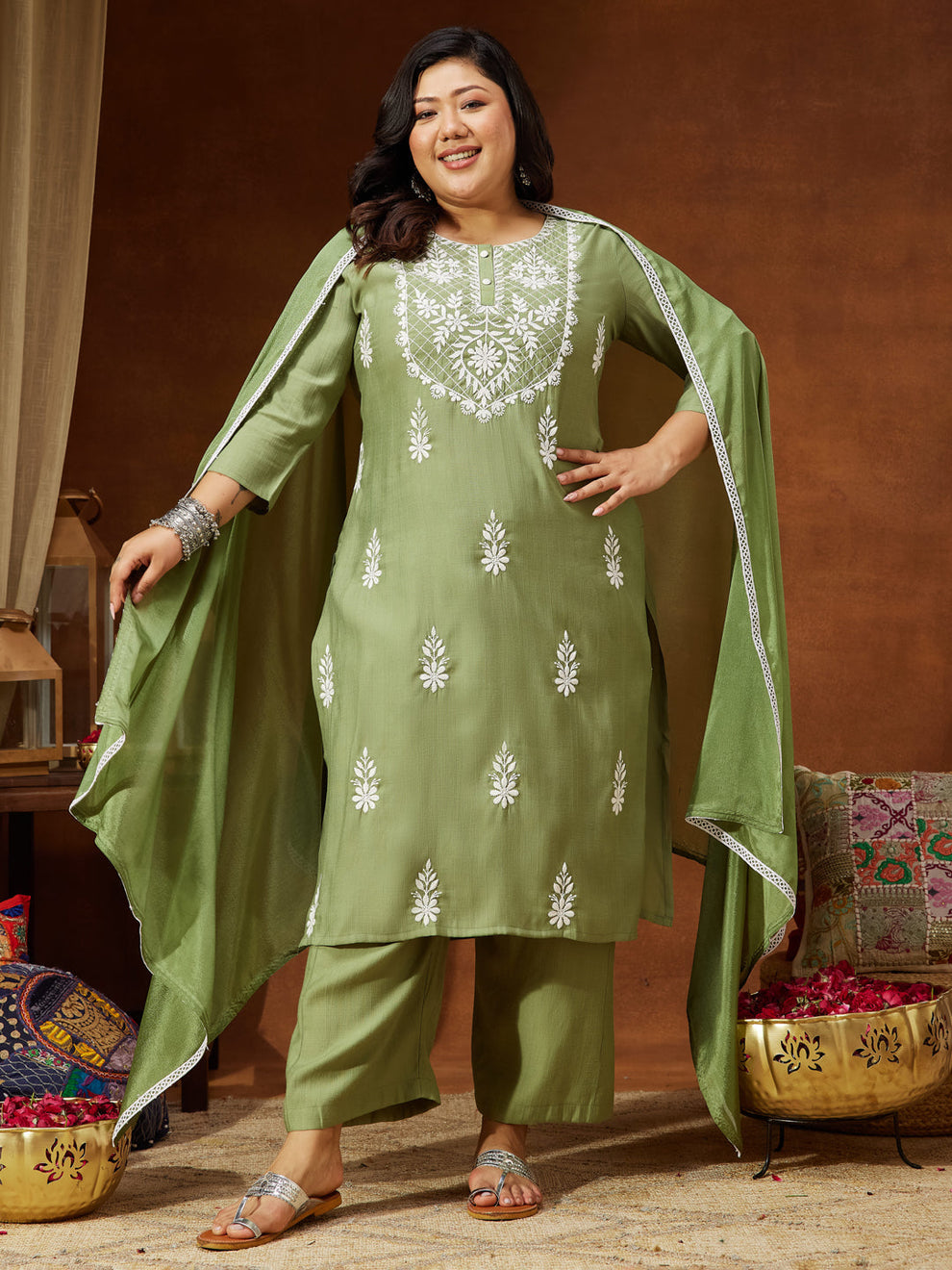 Janasya Women's Plus Size Sage Green Silk Blend Embroidered Straight K ...