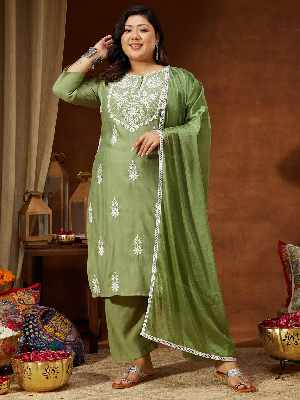 Janasya Women's Plus Size Sage Green Silk Blend Embroidered Straight K ...